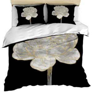 spring floral duvet cover set 3 pieces with zipper closure, white flower gold edge abstract art black bedding sets 1 duvet cover & 2 pillow cases, breathable comforter cover set duvet cover queen