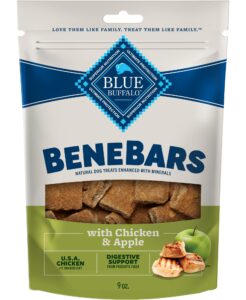 blue buffalo benebars digestive support dog treats with prebiotic fiber, made with natural ingredients, usa chicken & apple, 9-oz bag