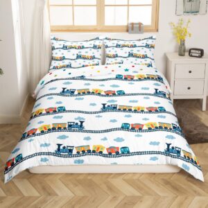 erosebridal cute steam engine bed sets for kids toddlers kawaii train comforter cover construction vehicles duvet cover queen cartoon railway bedding set boys car theme bedspread cover 3pcs