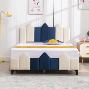 mixoy twin size kids bed frames,upholstered twin platform bed frame for children with headboard,toddler bed for boys & girls, teens,no box spring needed, easy assembly(blue/white,twin)