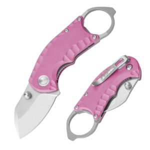 flissa 4" small folding pocket knife, lightweight utility knife, pink g10 handle, edc pocket knife with 8cr13mov steel blade, carry pocket clip, bottle opener and flat head screwdriver, liner lock