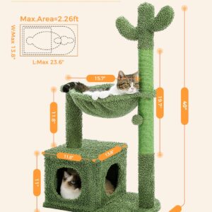 MUTTROS Cactus Cat Tree 40" Cat Tower with Large Metal Carpet Hammock, Cat Scratching Post for Indoor Cats with Condo& Dangling Ball, Green