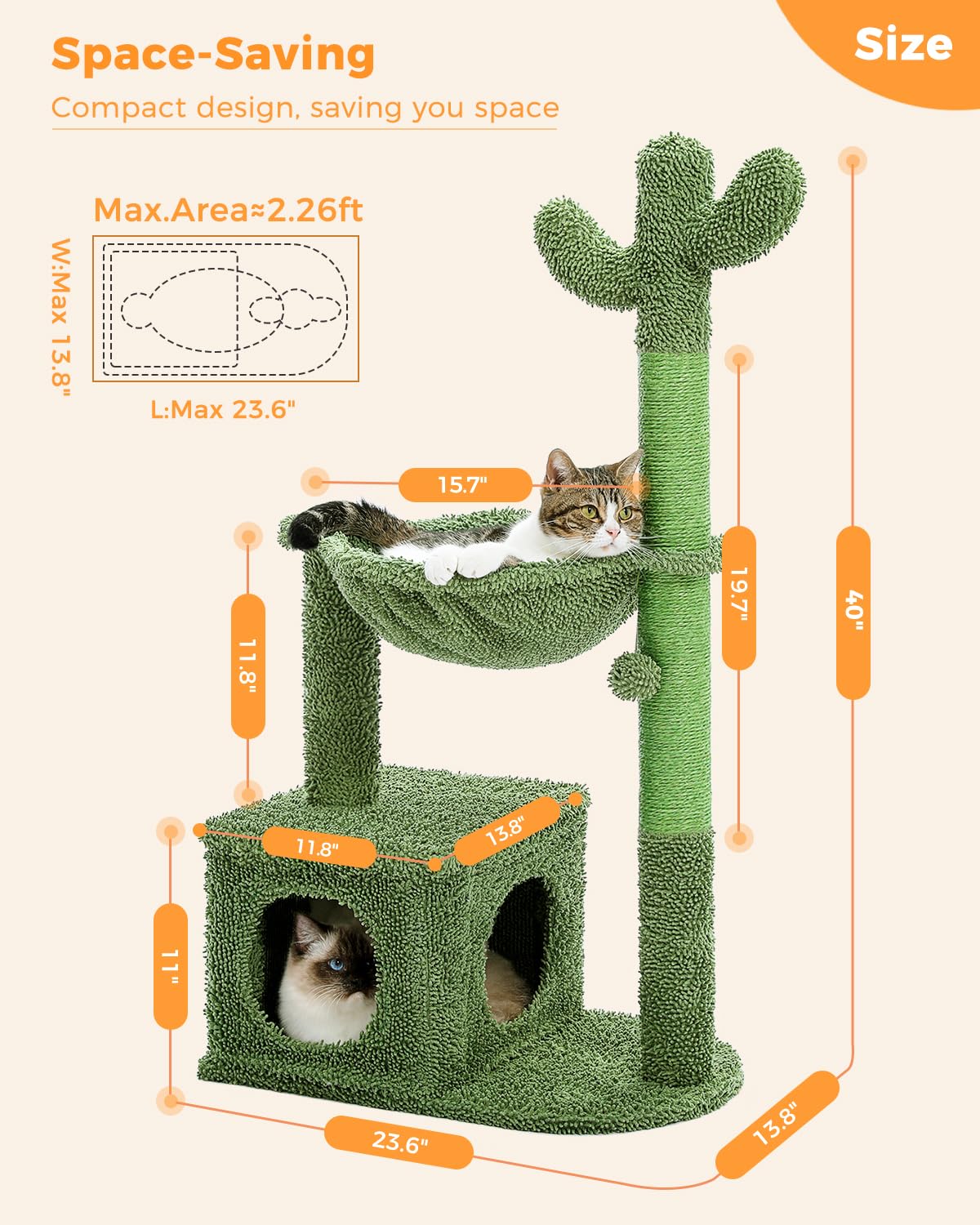 MUTTROS Cactus Cat Tree 40" Cat Tower with Large Metal Carpet Hammock, Cat Scratching Post for Indoor Cats with Condo& Dangling Ball, Green