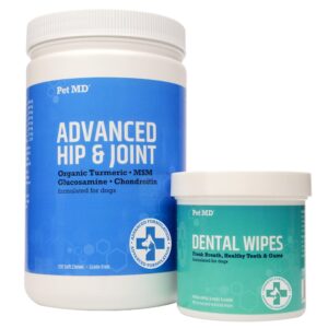 pet md advanced hip + joint chews & dental wipes