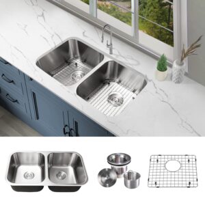 kabco 32 inch swirl finish stainless steel classic kitchen sink, sound and heat proof double equal bowl undermount sink with kitchen sink strainers, removable garbage baskets and sink grids