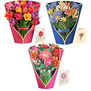 freshcut paper pop up cards, paper flower bouquet 3d popup greeting cards with note card & envelope, birthday card, anniversary card, get well gifts for women, 12" everyday appreciation 3pk