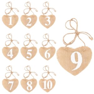 ahandmaker 10 pcs burlap table number tags, heart shape wedding 1-10 table numbers signs vintage rustic wine hanging card banner with ropes for wedding home decoration party valentines day gift