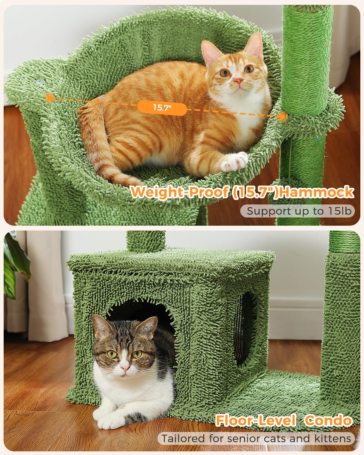 MUTTROS Cactus Cat Tree 40" Cat Tower with Large Metal Carpet Hammock, Cat Scratching Post for Indoor Cats with Condo& Dangling Ball, Green