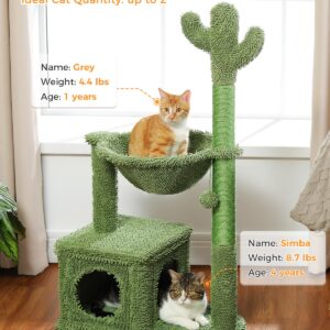 MUTTROS Cactus Cat Tree 40" Cat Tower with Large Metal Carpet Hammock, Cat Scratching Post for Indoor Cats with Condo& Dangling Ball, Green