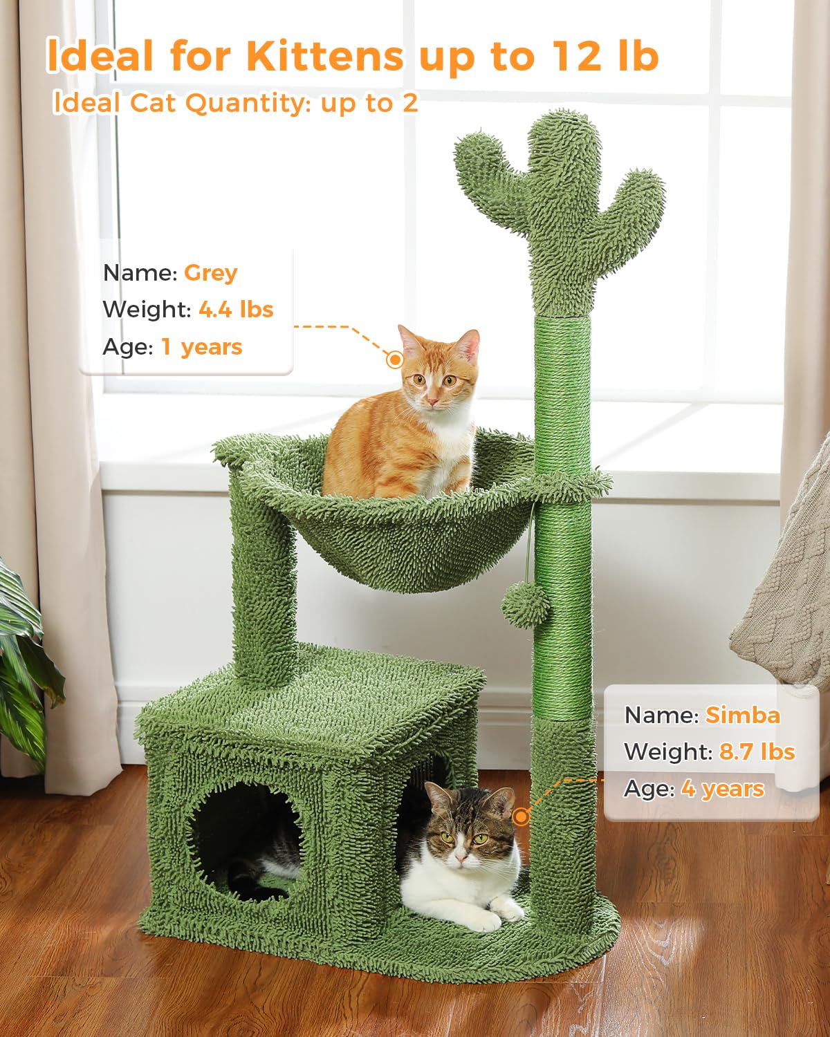 MUTTROS Cactus Cat Tree 40" Cat Tower with Large Metal Carpet Hammock, Cat Scratching Post for Indoor Cats with Condo& Dangling Ball, Green