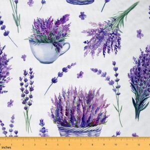 lavender fabric by the yard watercolor flowers bouquet floral basket fabric for craft art lovers botanical plant rustic garden style fabric for room decor and diy upholstery 1 yard