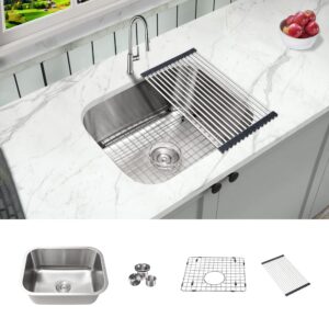 kabco 23 inch single bowl stainless steel classic kitchen bar sink, rust, sound and heatproof swirl finish stainless steel deep sink with kitchen sink strainer, bottom sink grid and a rolling up grid