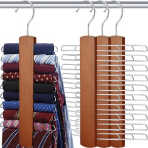 4 pieces tie hanger for men wooden necktie and belt hanger wooden tie rack holder walnut center organizer and storage rack finish 20 hooks space saving organizer for closet(archaize color)