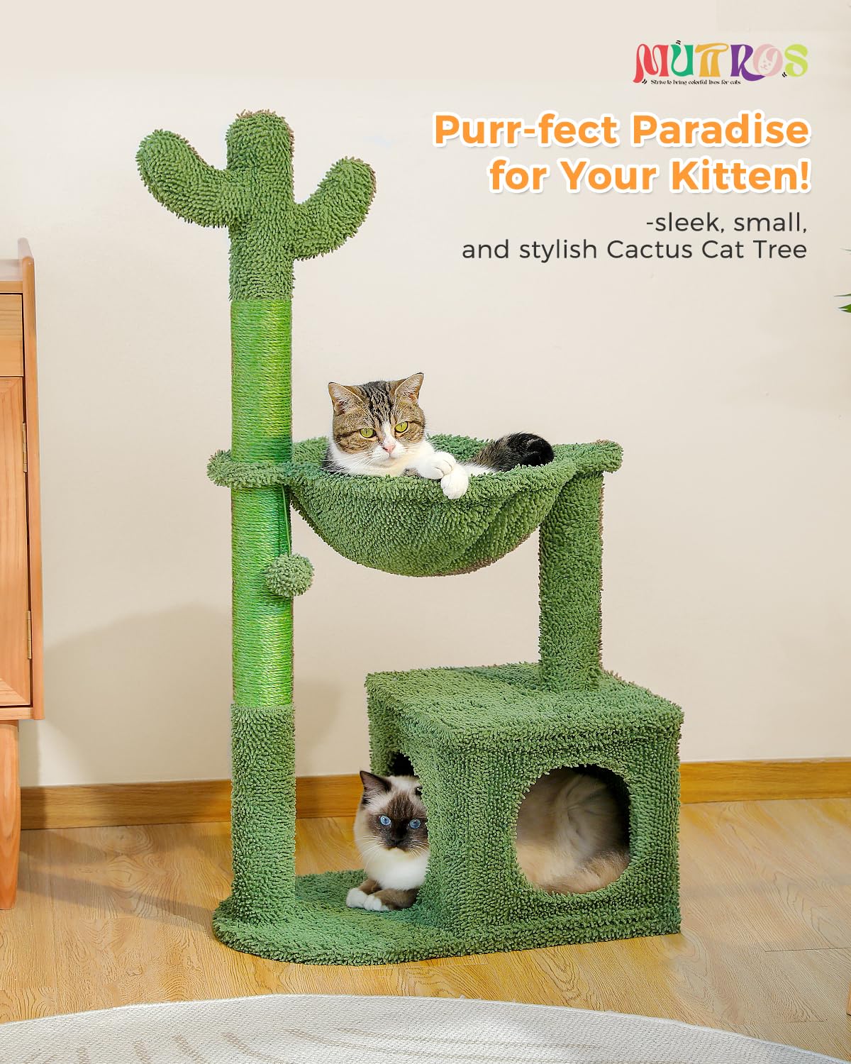 MUTTROS Cactus Cat Tree 40" Cat Tower with Large Metal Carpet Hammock, Cat Scratching Post for Indoor Cats with Condo& Dangling Ball, Green