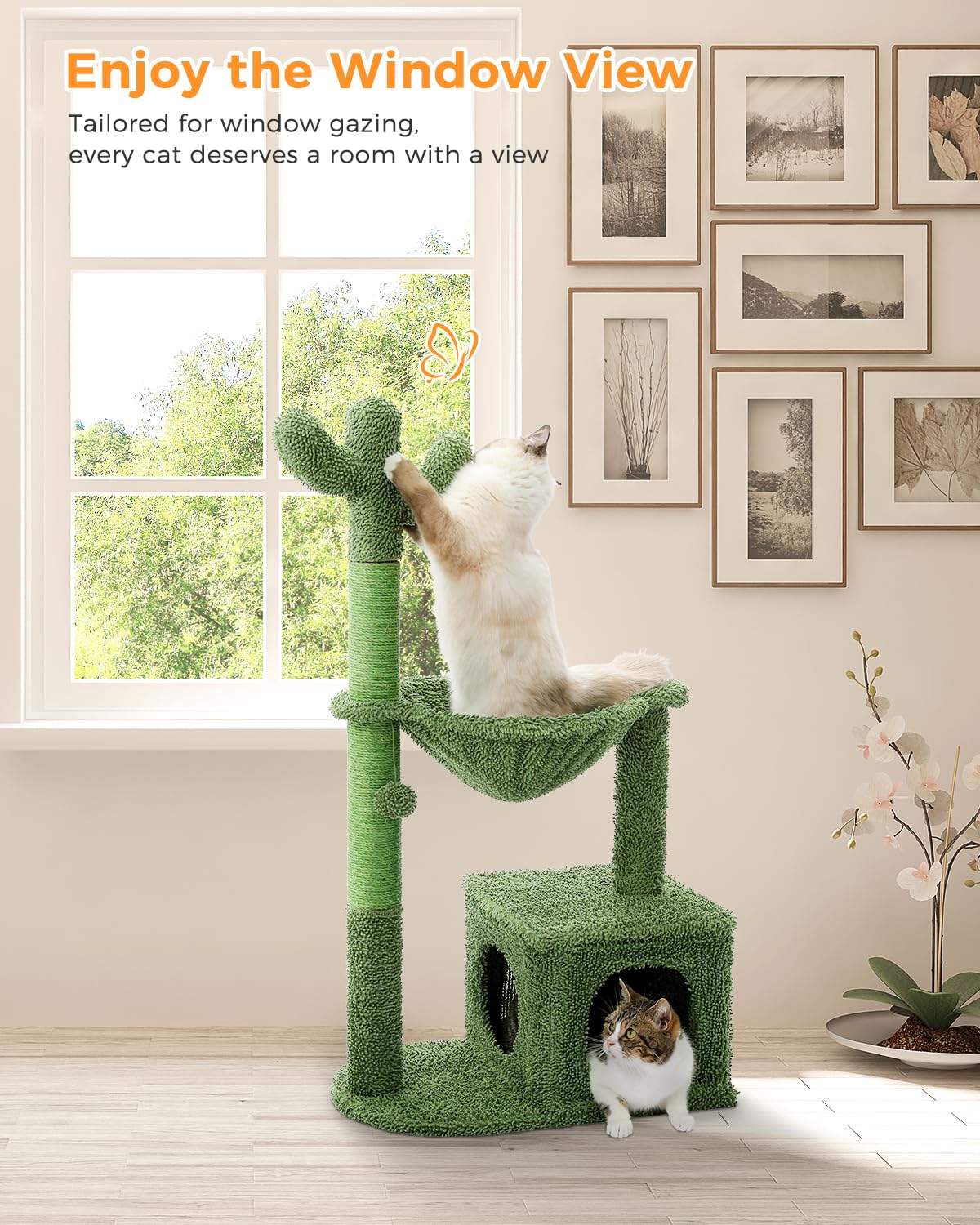 MUTTROS Cactus Cat Tree 40" Cat Tower with Large Metal Carpet Hammock, Cat Scratching Post for Indoor Cats with Condo& Dangling Ball, Green