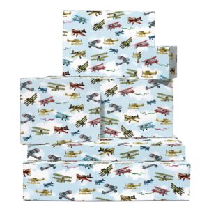 central 23 kids wrapping paper - 6 sheets of gift wrap and tags - vintage airplane - boys birthday wrapping paper - birthday gift wrap for men him adult - with stickers - recyclable