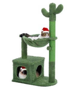 muttros cactus cat tree 40" cat tower with large metal carpet hammock, cat scratching post for indoor cats with condo& dangling ball, green