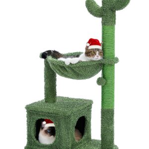 MUTTROS Cactus Cat Tree 40" Cat Tower with Large Metal Carpet Hammock, Cat Scratching Post for Indoor Cats with Condo& Dangling Ball, Green