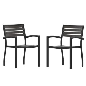 flash furniture lark set of 2 stackable aluminum patio chairs - all-weather black framed side chairs with gray wash faux teak slats - commercial grade