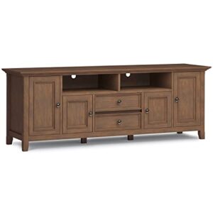 simplihome amherst solid wood 72 inch wide transitional tv media stand in rustic natural aged brown for tvs up to 80 inches, for the living room and entertainment center