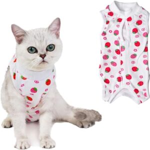 urroma 1 piece cat strawberry recovery suit, e-collar alternative for cats dogs after surgery wear pajama suit home cat wound surgery recovery suit, s