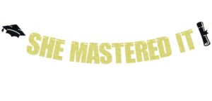 she mastered it banner, masteres 2025 banner, girls happy master degree party decorations 2025, glittery congrats grad decorations