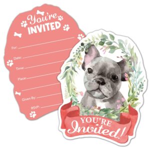 rzhv 15 pack french bulldog & floral shaped fill-in invitations cards with envelopes for boys girls adults dog lover, funny baby shower birthday bridal shower, wedding party invite