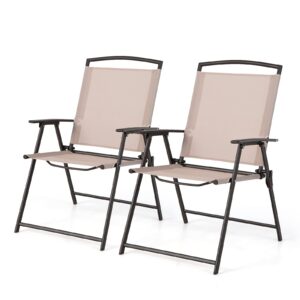 tangkula 2 piece patio folding chairs, outdoor dining chairs w/breathable fabric, heavy duty steel frame, folding chairs for garden, backyard, poolside, no assembly needed (1, beige)