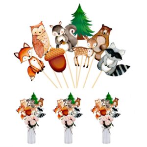 yuuzue 24pcs woodland animals cake topper, baby shower decorations, double-sided printed forest friends centerpiece sticks for wild one camping party supplies