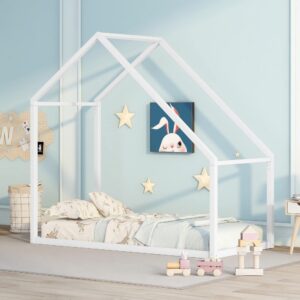 merax princess metal montessori day bed twin house floor beds frame for boys girls, box spring needed,easy assemble (twin,white)