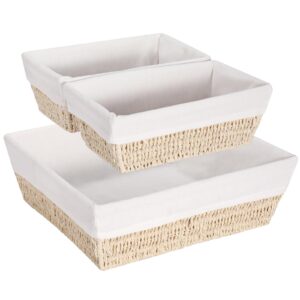 vagusicc storage basket, set of 3 woven paper rope wicker baskets for storage with handles, 15 inches large cube storage bins woven storage baskets with liners for shelves organizing & decor, beige