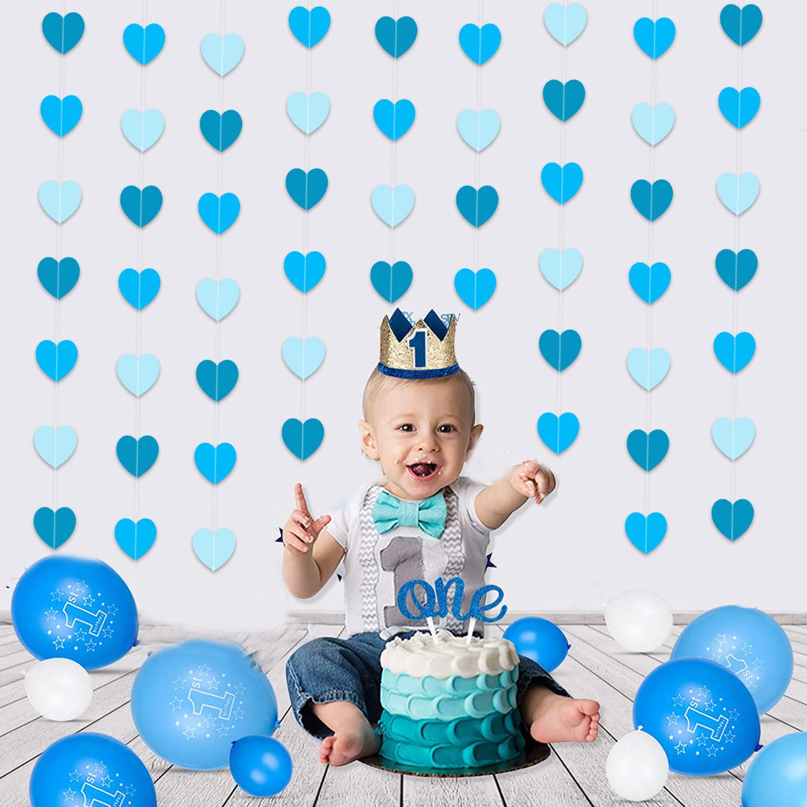 Zwiebeco 52Ft Blue Hearts Garland Paper Heart Bunting Banner Hanging Heart Streamers for Baby Shower Birthday Engagement Wedding Bridal Shower Bachelor Valentine's Day Party Kids Room Home Decorations