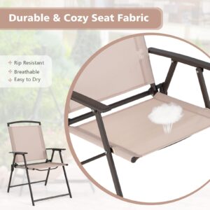 Tangkula 2 Piece Patio Folding Chairs, Outdoor Dining Chairs w/Breathable Fabric, Heavy Duty Steel Frame, Folding Chairs for Garden, Backyard, Poolside, No Assembly Needed (1, Beige)