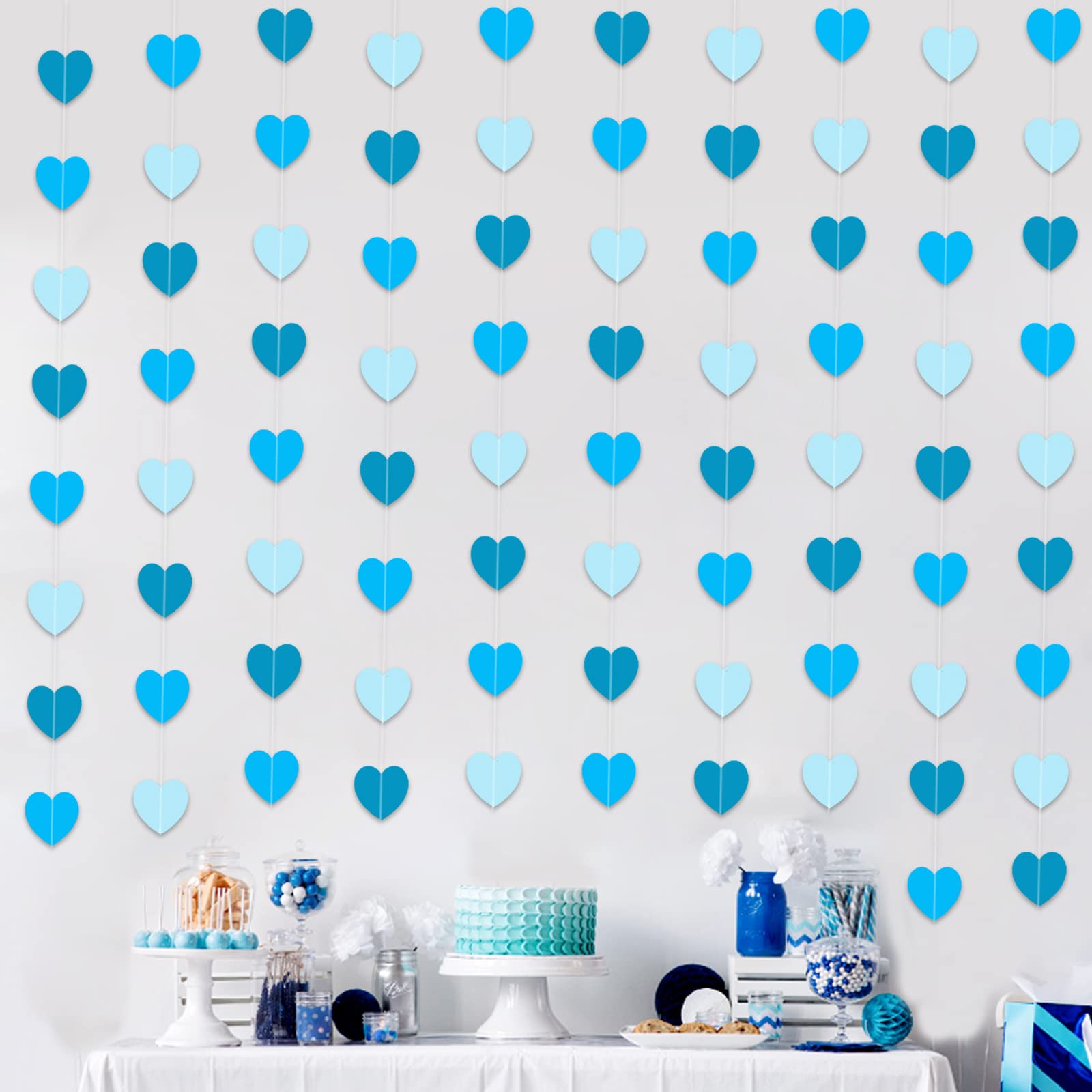 Zwiebeco 52Ft Blue Hearts Garland Paper Heart Bunting Banner Hanging Heart Streamers for Baby Shower Birthday Engagement Wedding Bridal Shower Bachelor Valentine's Day Party Kids Room Home Decorations