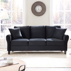 vitovma 3-seater sofa couch for living room, modern comfy sofa with thick spring-bag seats and removable back cushions, rounded arm (black)