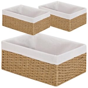 vagusicc wicker storage basket, 3-pack woven paper rope wicker baskets with handles, large wicker basket cube storage bins with liners, storage baskets for organizing shelves & decor, natural