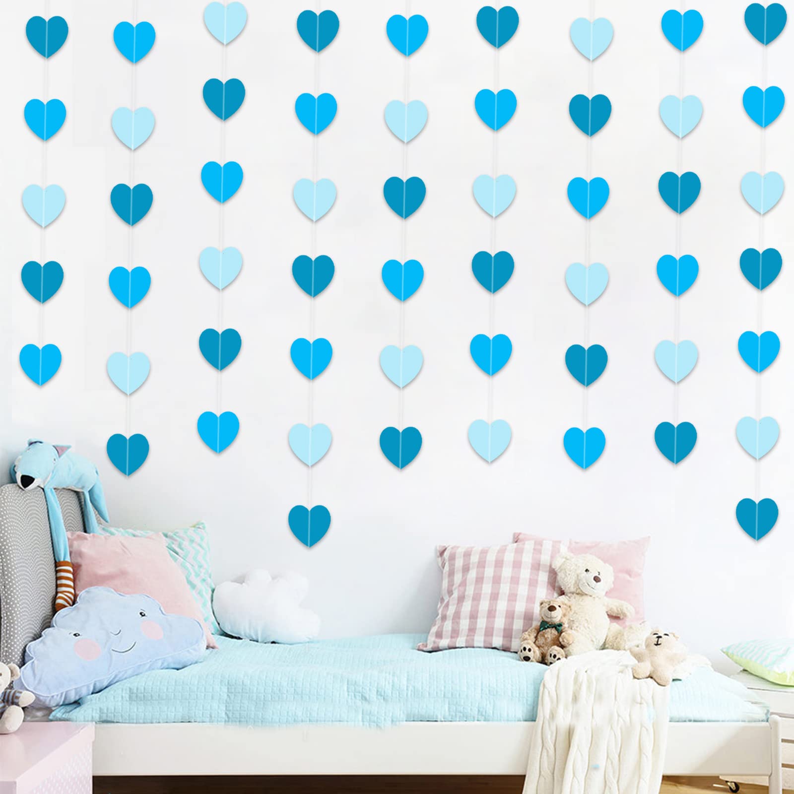 Zwiebeco 52Ft Blue Hearts Garland Paper Heart Bunting Banner Hanging Heart Streamers for Baby Shower Birthday Engagement Wedding Bridal Shower Bachelor Valentine's Day Party Kids Room Home Decorations