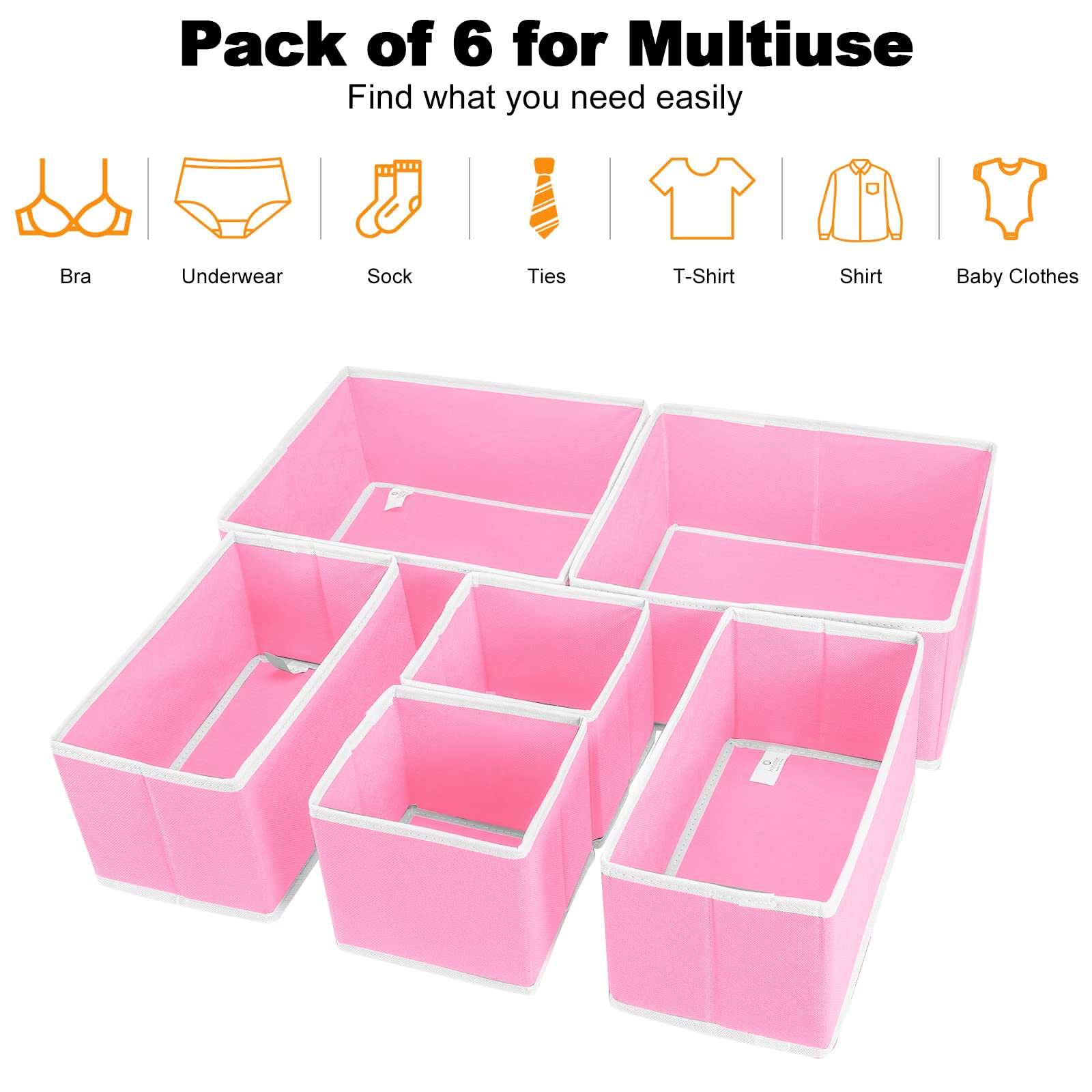 Hinotori Drawer Organizer for Clothing Foldable Storage Bins Closet Baby Dresser Drawer Divider Nursery Basket Box for Underwear, Bras, Lingerie, Pink, 12 Pack