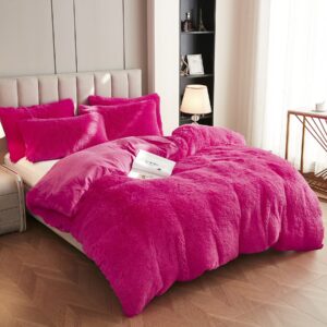 uhamho luxury fluffy 1pc solid duvet cover faux fur plush shaggy quilt cover velvet bedspread zipper closure, no pillow sham, no comforter (hot pink, twin)