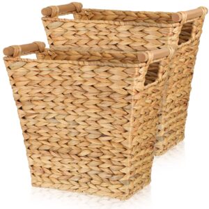 eaasty 2 pcs wicker waste basket woven wicker trash can bathroom wastebasket with wooden handle for bedroom storage 12.8 x 7.6 x 12.4 inch(brown)