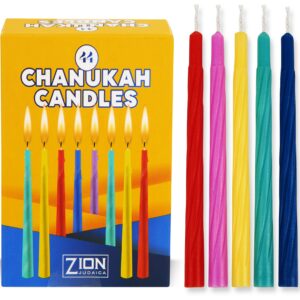 hanukkah candles for menorah box of 44 assorted colorful candles with prayer card - spiral style quality paraffin wax - fits most menorahs -enough for all 8 nights chanukah candle set by zion judaica