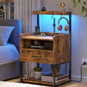 viagdo nightstand with charging station and led lights, rustic brown night stand with drawer, modern end side table with open storage shelves, bedside tables for bedroom, office