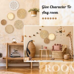 6 Pcs Rustic Hanging Boho Flat Woven Farmhouse Rattan Wall Decor Wall Basket for Living Room Bedroom Decoration