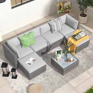 patiorama 7 piece outdoor furniture, all weather grey wicker sectional sofa set with corner sofa chair ottoman table, light grey