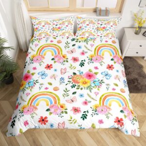 erosebridal rainbow flowers duvet cover twin for girls,kids cute colorful rainbows comforter cover watercolor floral butterfly bedding sets spring botanical bedspread cover nursery room decor 2 pcs