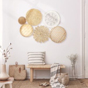 6 Pcs Rustic Hanging Boho Flat Woven Farmhouse Rattan Wall Decor Wall Basket for Living Room Bedroom Decoration