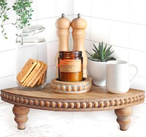 farmhouse corner shelf stand [with removable feet] - bathroom countertop organizer, decorative tray riser, beaded wooden tray, corner tray plant stand, coffee bar organizer for kitchen countertop