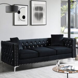 velvet sofa for living room,82.3" jeweled buttons tufted square arm couch,modern couch upholstered button and metal legs,sofa couch with 2 pillows for bedroom (black+velvet, 82.3 l*32.3 w*29.1 h)