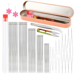 58 pcs beading needles set,50 pcs long straight beading thread needles, 8 pcs big eye beading needles with threader, needle bottle, yarn scissors,tweezers for bracelets and jewelry making