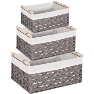 vagusicc woven storage basket, hand-woven round paper rope wicker storage basket with cotton liner and wooden handles, wicker baskets for shelves organizing & decor, grey, 3-pack